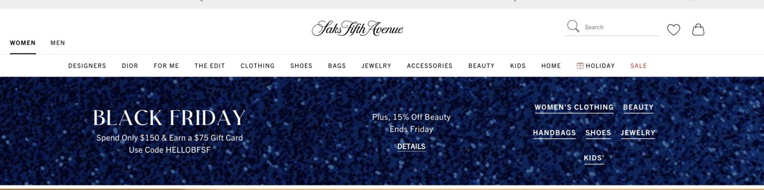 【年度活动】Saks 购买 $150 送 $75 礼卡（限黑五，配合 Rakuten 15%） - 美国信用卡 101